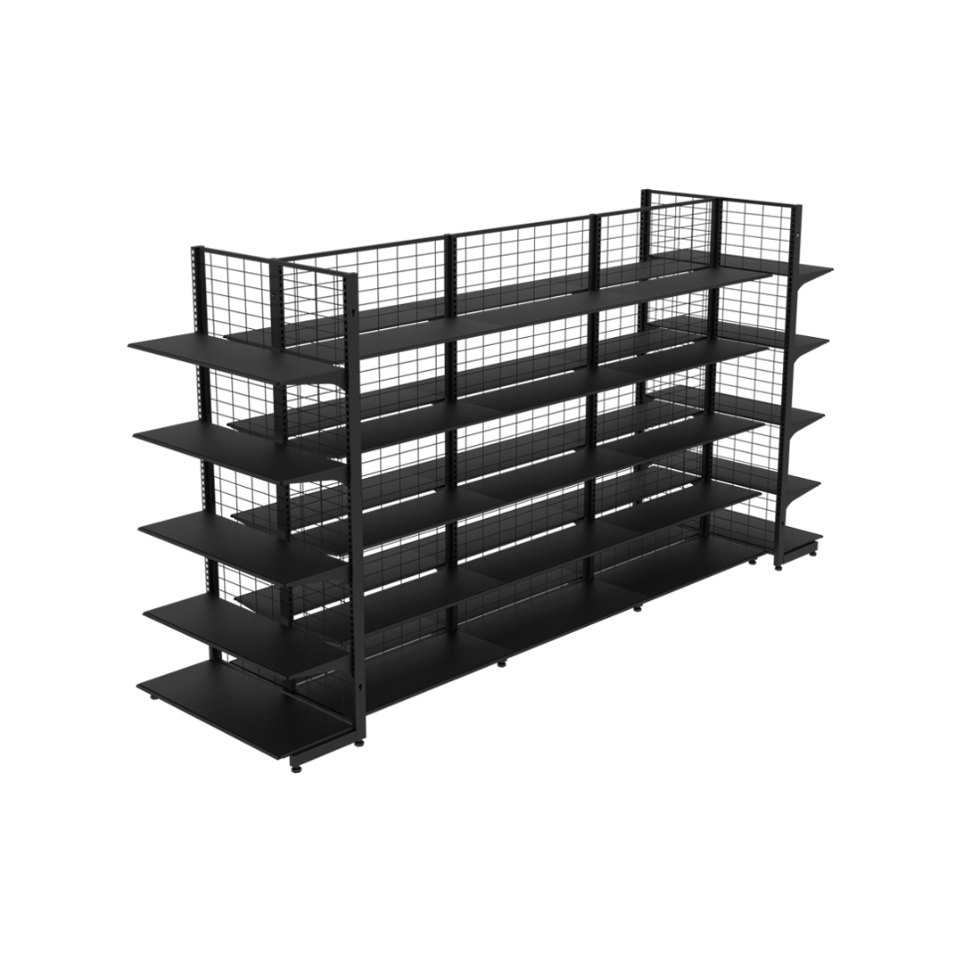 Double Gondola And End Cap Set Wire Panel With Solid Shelves Load Max